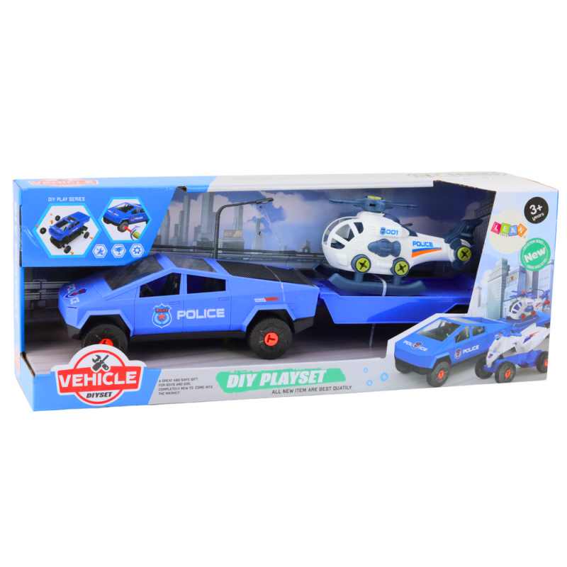 Modern Car Set with a Helicopter and a Tow Truck for Dismantling DIY Blue